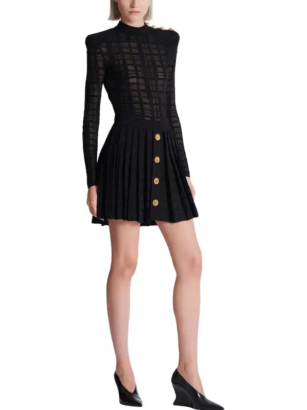 Balmain Short Pleated Skirt In Plaid Knit - Black