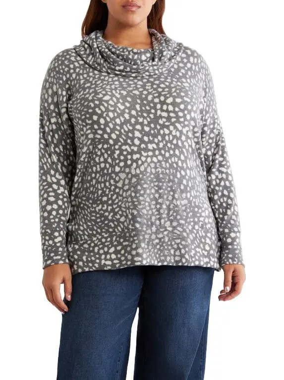 Loveappella Animal Spot Hacci Knit Cowl Neck Tunic - Charcoal/ivory