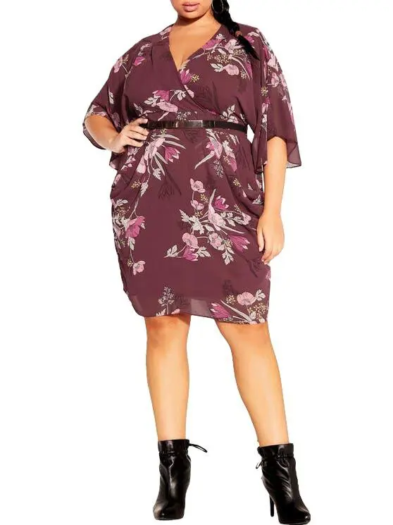 City Chic Lila Floral Print Faux Wrap Dress - Purple Floral