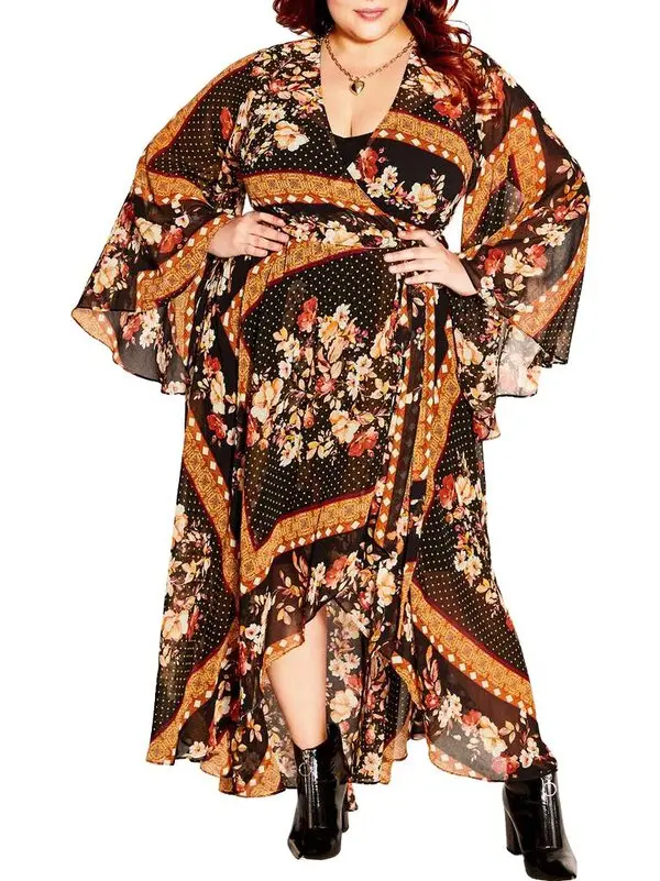 City Chic Long Sleeve Wrap Maxi Dress - Floral