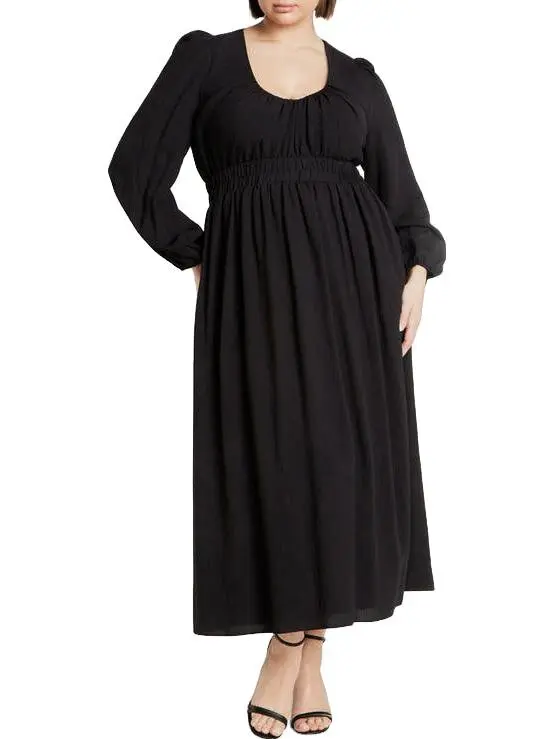 City Chic Dayana Smocked Long Sleeve Maxi Dress - Black