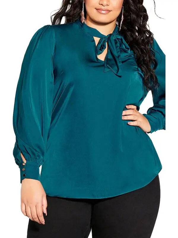City Chic Charmeuse Bow Blouse - Teal