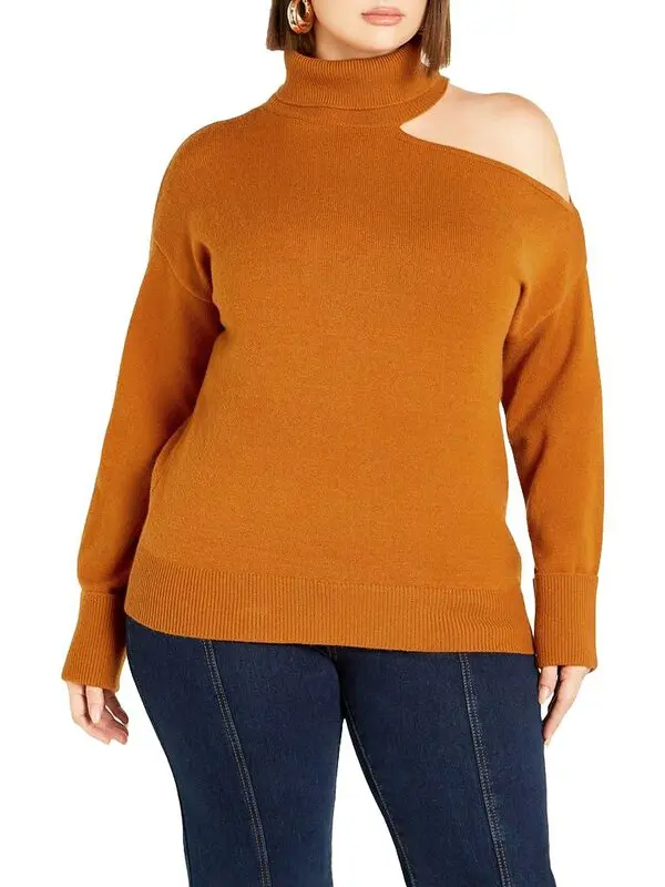 City Chic Open Shoulder Turtleneck Sweater - Honey