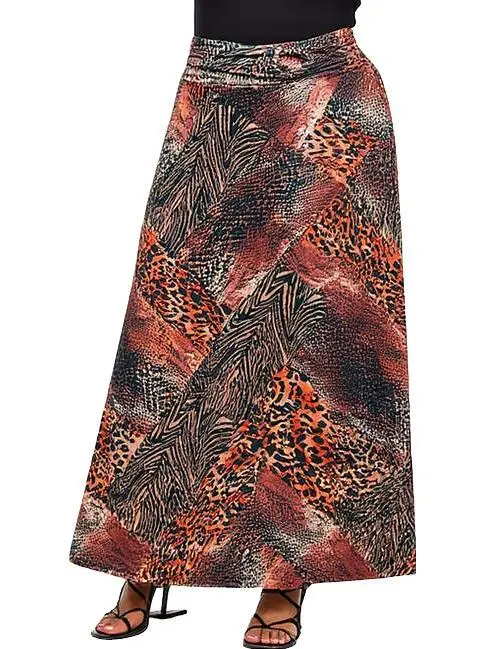 24SEVEN COMFORT APPAREL Animal Print Maxi Skirt - Brown Multi
