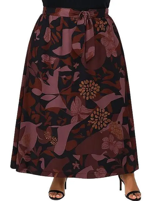 24SEVEN COMFORT APPAREL Floral Print Maxi Skirt With Buckle Waist - Grey Multi