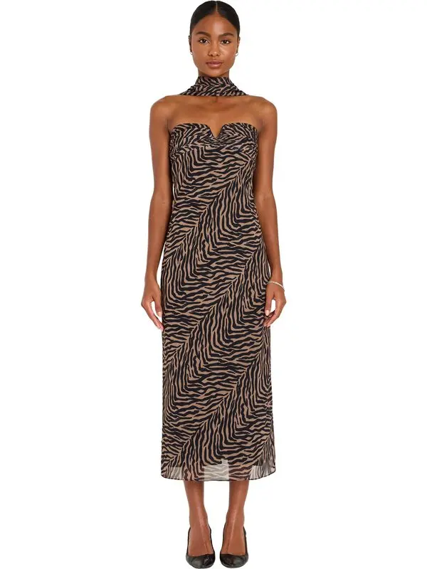 Amanda Uprichard Lara Strapless Midi Dress With Detachable Scarf - Chocolate Multi