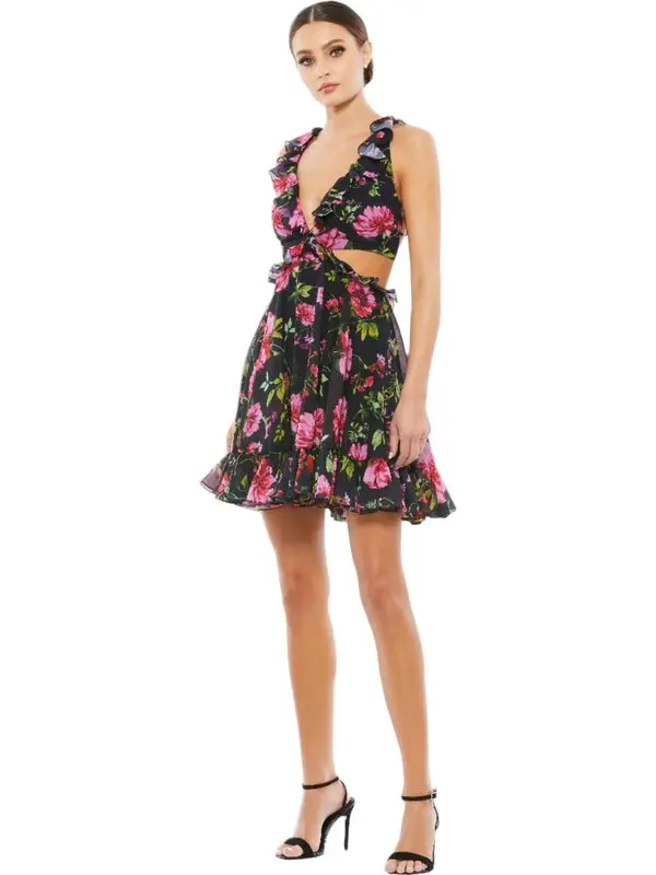 Mac Duggal Floral Printed Chiffon Mini Dress With Ruffled V-neck And Lace-up Back - Black Multi