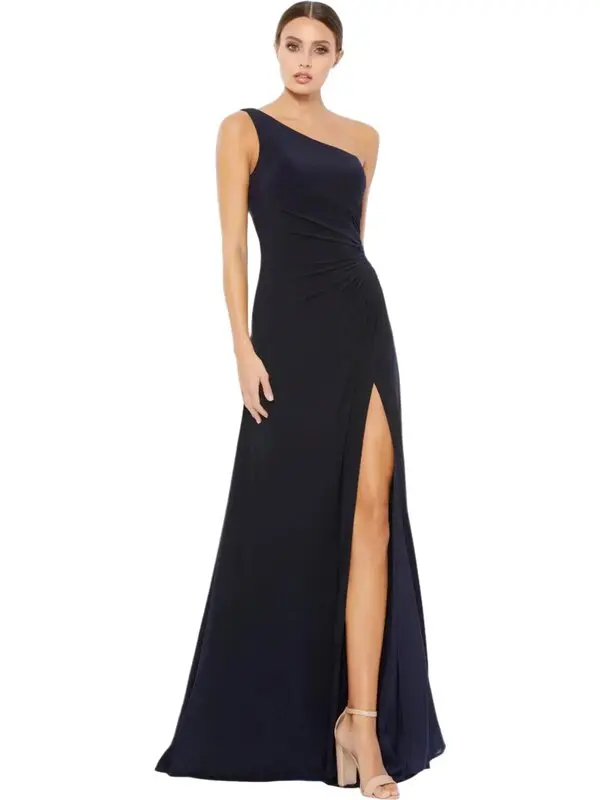 Mac Duggal One-shoulder Ruched Jersey Evening Gown - Navy