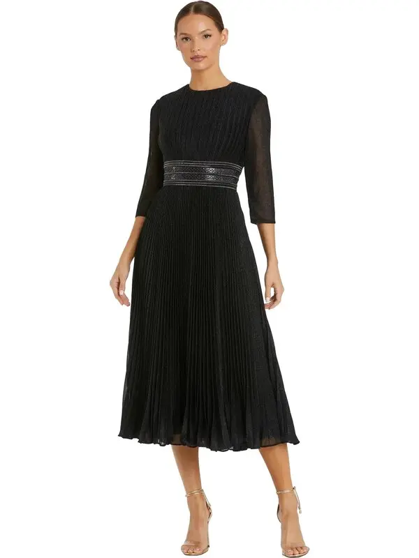 Mac Duggal Pleated Shimmering Lurex Tea-length Dress - Black