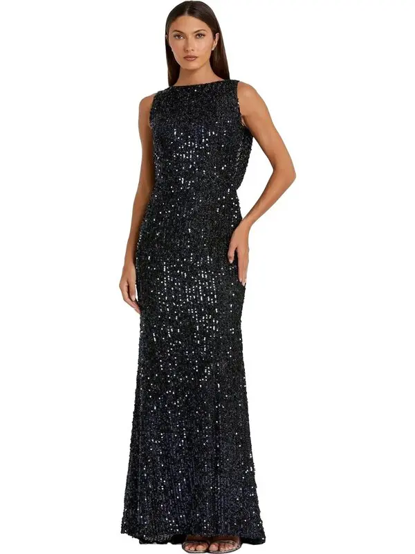 Mac Duggal Cowl Back Sequin Gown - Navy