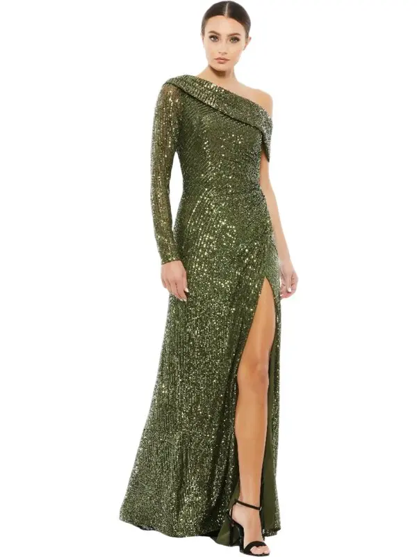 Mac Duggal Sequin Gown With Drop Shoulder And Thigh-high Slit - Green