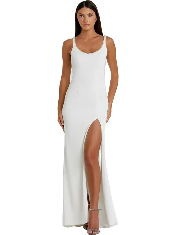 Mac Duggal Sleeveless Crystal Scoop Neckline Column Gown With High Slit - White