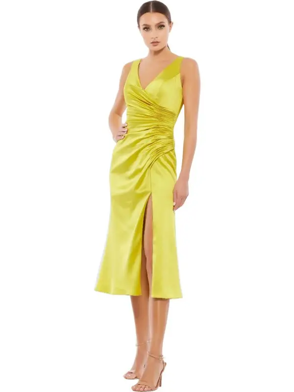 Mac Duggal Satin Ruched V-neck Faux Wrap Midi Dress - Green