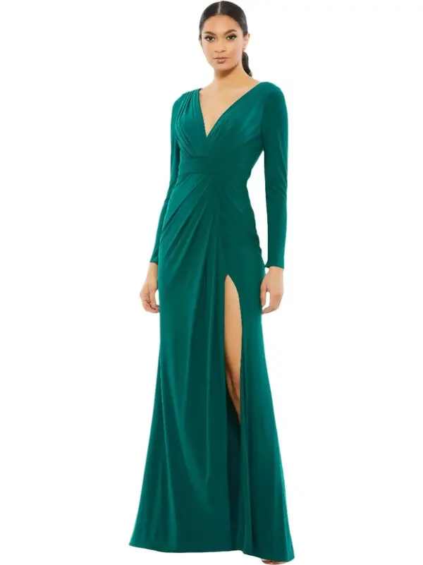 Mac Duggal V-neck Long Sleeve High Slit Gown - Green