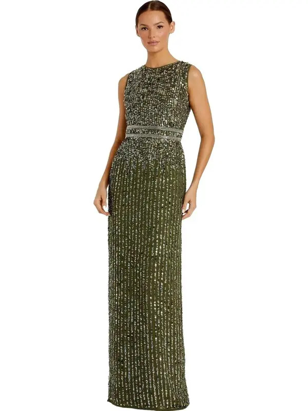 Mac Duggal Sequined High Neck Sleeveless Column Gown - Green