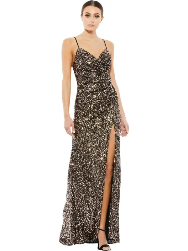 Mac Duggal Gathered Waist Sequin Gown - Bronze