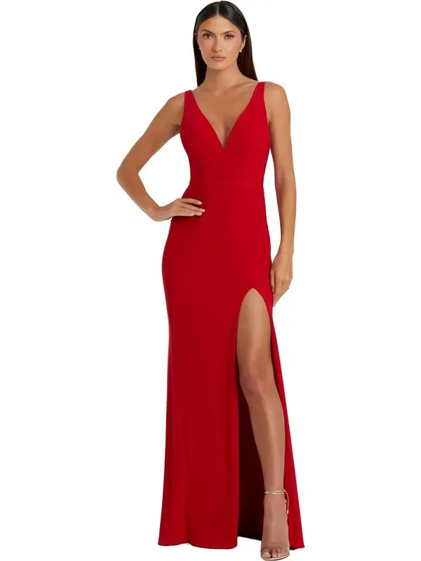 Mac Duggal Plunge Neck Gown With High Slit - Red