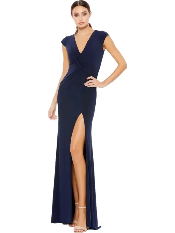 Mac Duggal V-neck Ruched Jersey Gown - Navy