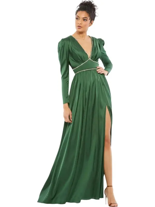 Mac Duggal Rhinestone Trim Puff Sleeve Gathered Gown - Green