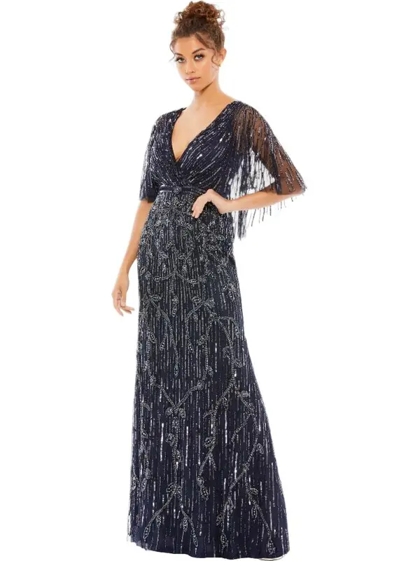 Mac Duggal Sequin And Bead Embellished Evening Gown - Navy