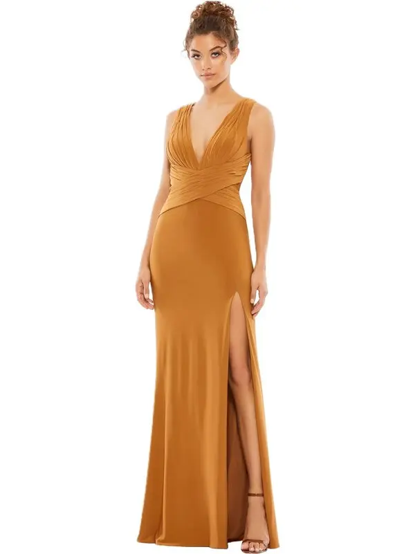Mac Duggal Pleated Bodice Jersey Column Gown - Brown
