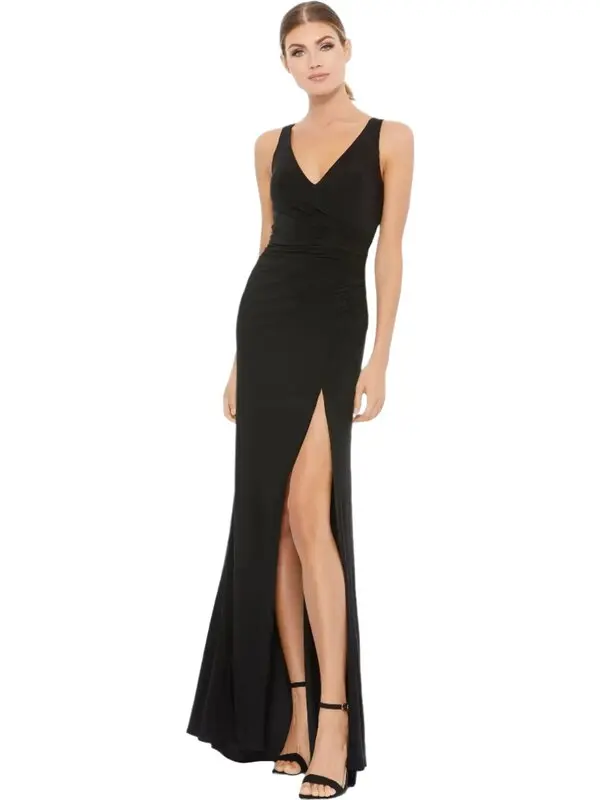 Mac Duggal Sleeveless Faux Wrap Gown With Ruching And Slit - Black