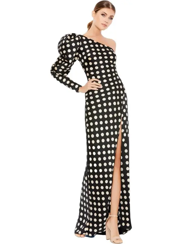 Mac Duggal One-shoulder Polka Dot Gown - Black/white