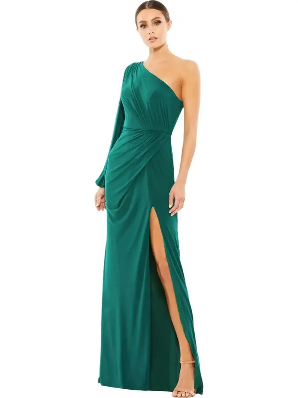 Mac Duggal One-shoulder Gown With Puff Sleeve And Slit - Green