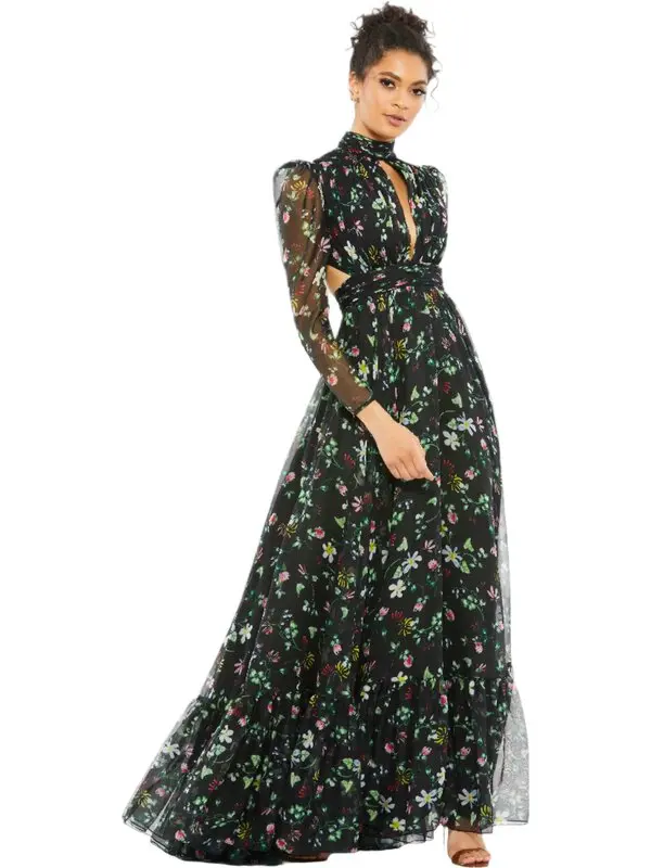 Mac Duggal High Neck Puff Sleeve Gown - Black Floral
