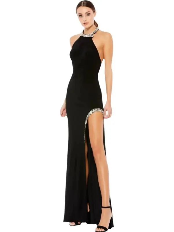 Mac Duggal Rhinestone Accented Halter Gown - Black
