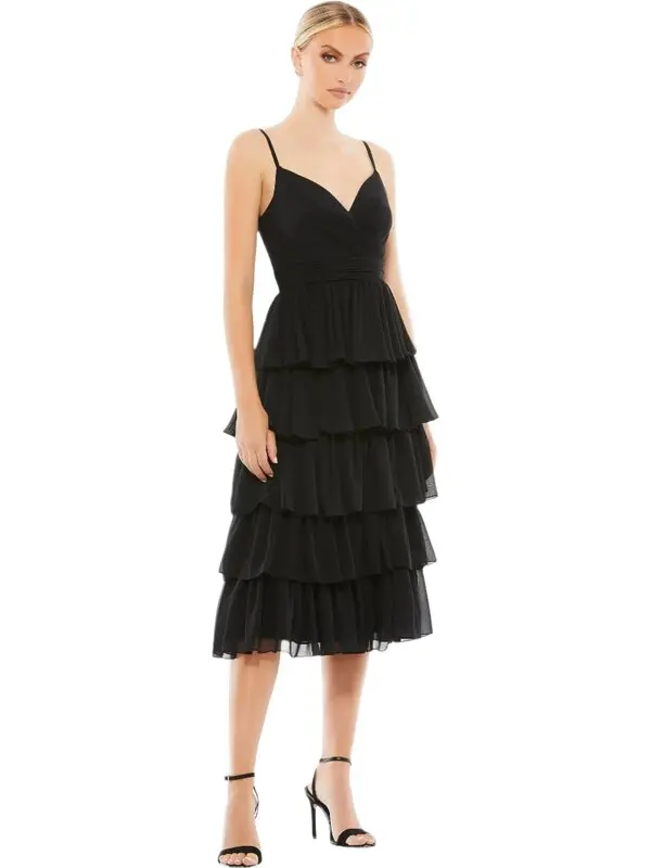 Mac Duggal Ruffle Layered V-neck Midi Dress - Black