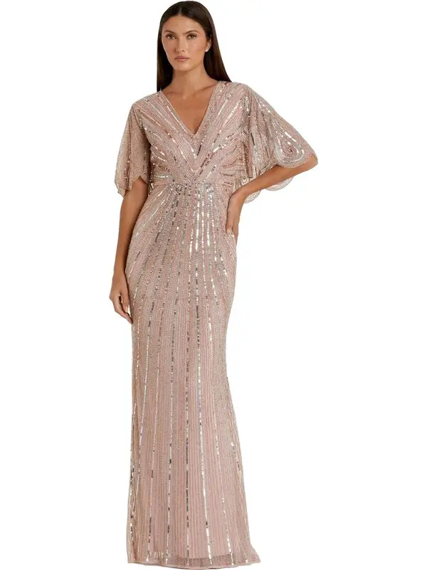 Mac Duggal Sequined V-neck Cape Sleeve Gown - Pink
