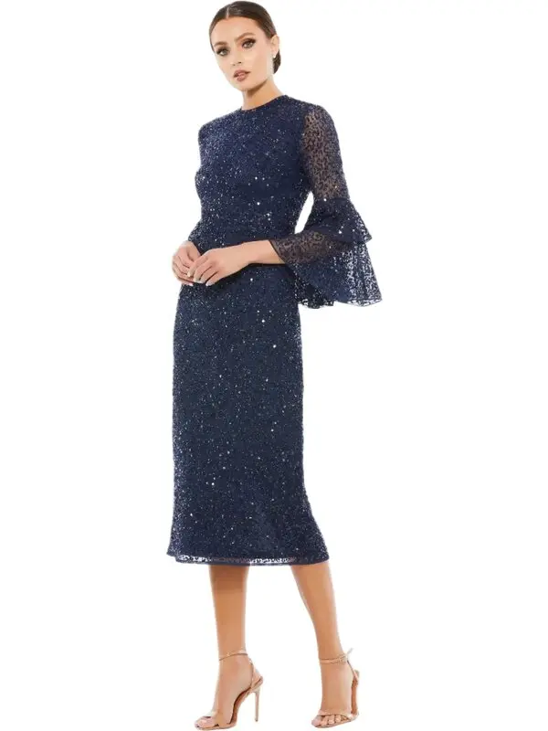 Mac Duggal Sequin And Hand-beaded Midi Dress With Ruffle Sleeves - Navy