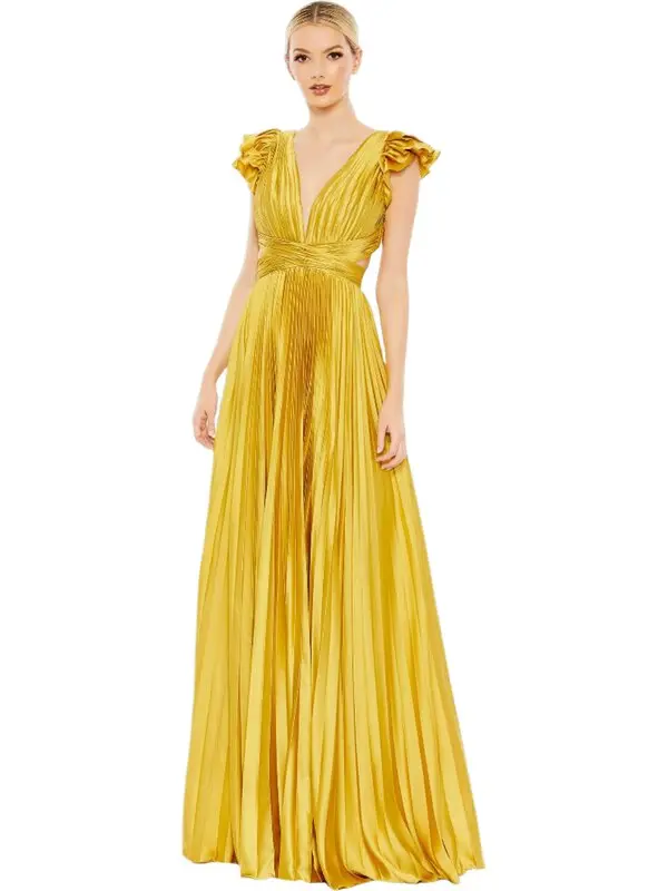 Mac Duggal Pleated Ruffled Cap Sleeve Lace-up Gown - Chartreuse