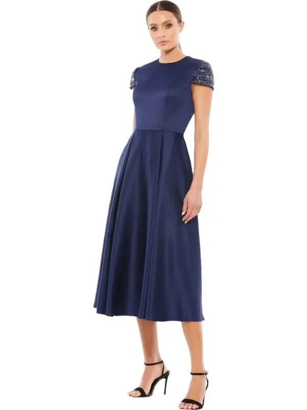 Mac Duggal High Neck Tea Length Dress - Navy
