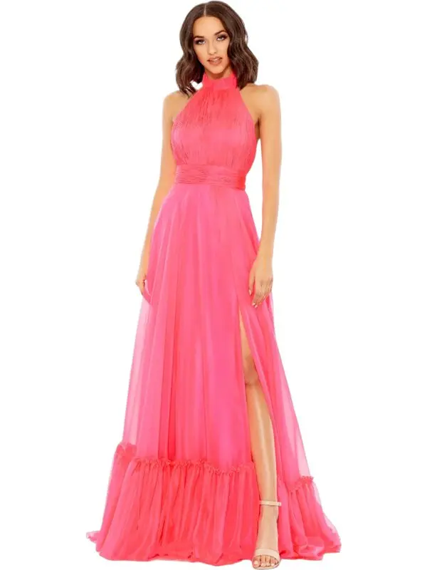 Mac Duggal High Neck Tiered Chiffon Halter Gown - Pink