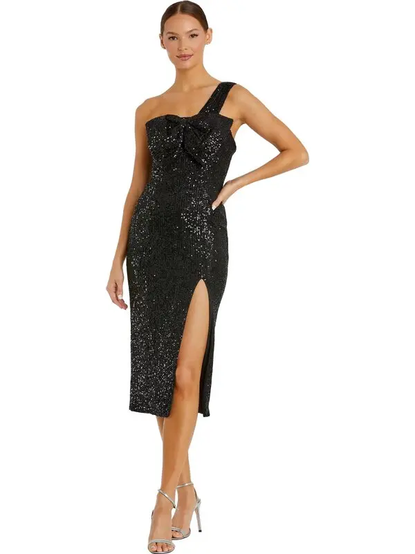 Mac Duggal Sequined One-shoulder Bow Dress - Black