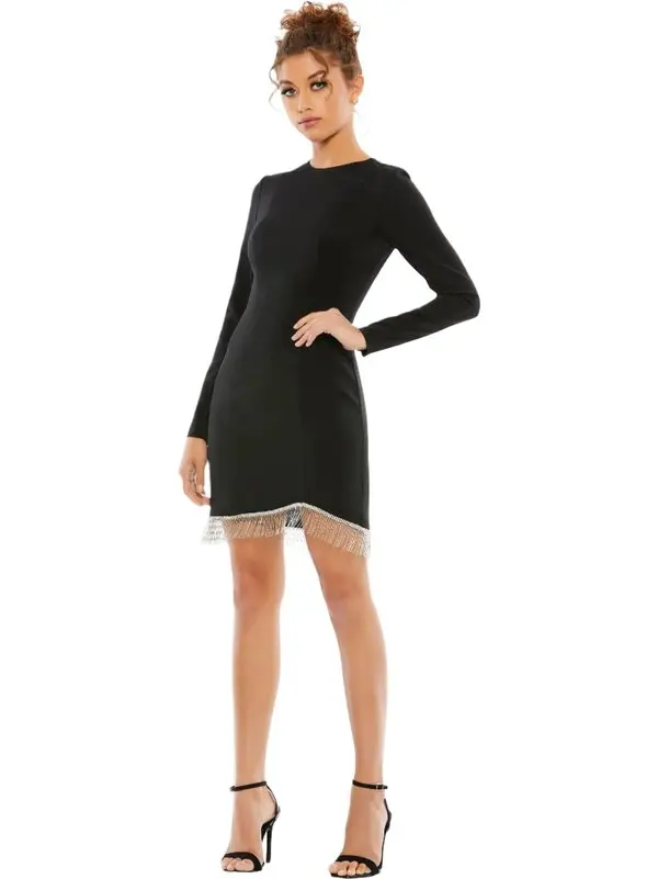 Mac Duggal Long Sleeve Beaded Fringe Mini Dress - Black