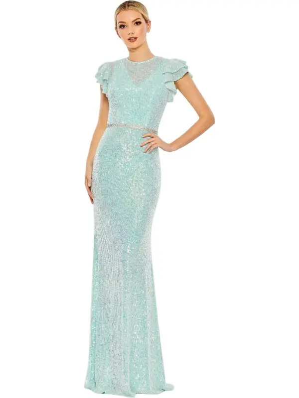 Mac Duggal Sequin High Neck Flutter Sleeve Mermaid Gown - Ice Blue