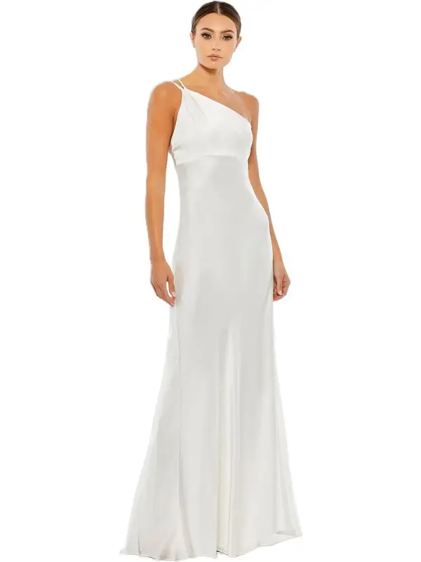 Mac Duggal One-shoulder Satin Gown With Strappy Open Back - White