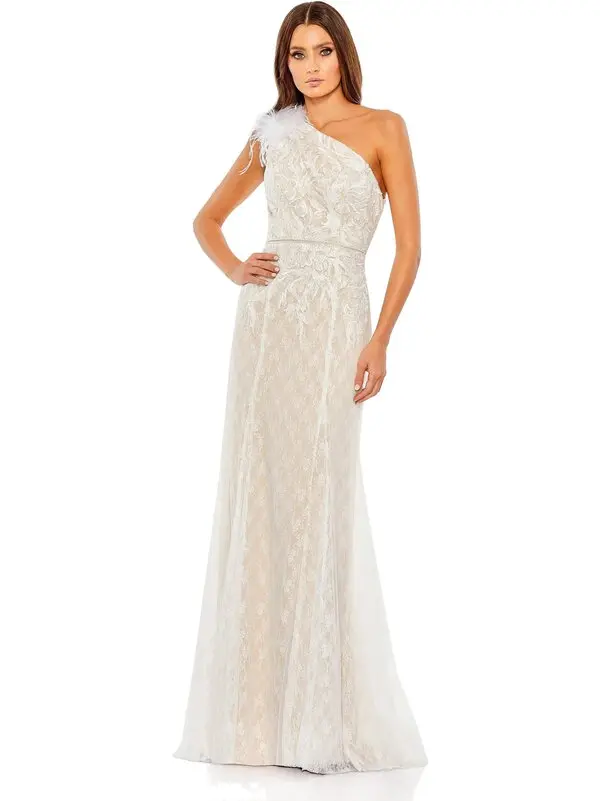 Mac Duggal Embellished Feathered One-shoulder Gown - Ivory