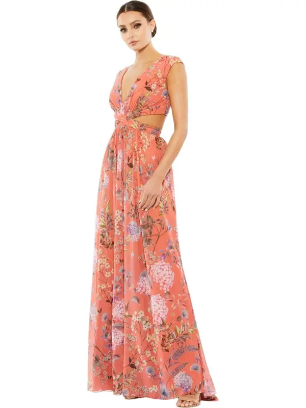 Mac Duggal Floral-printed Chiffon Overlay Gown With Cut-outs - Coral
