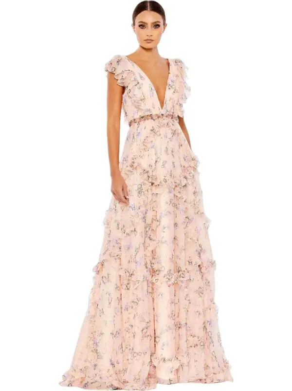 Mac Duggal Ruffled Floral Print Cap Sleeve Gown - Pink