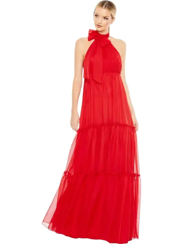 Mac Duggal Ruched Tie High Neck Bow A-line Gown - Red