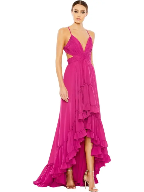 Mac Duggal Pleated High-low A-line Gown With Ruffles - Fuchsia
