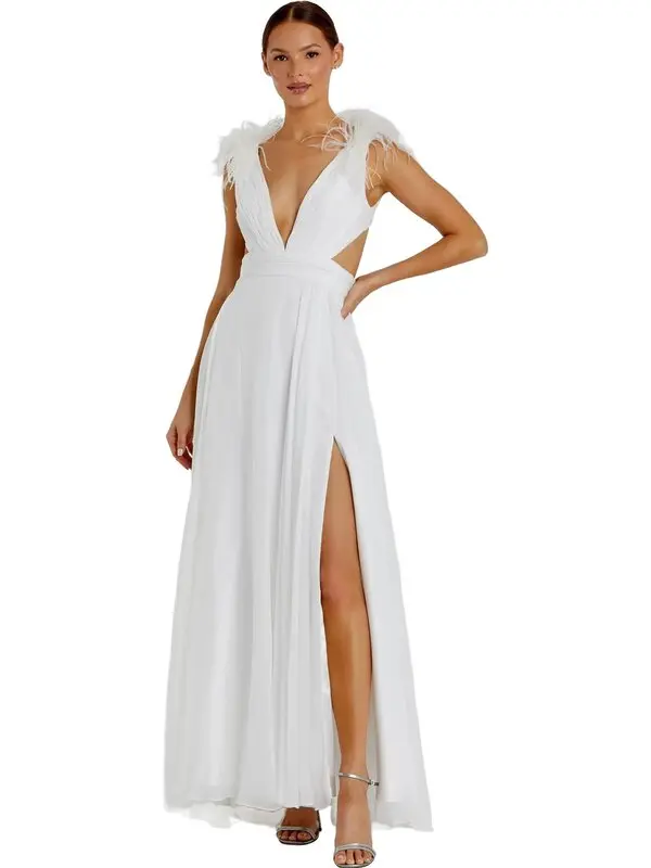 Mac Duggal Chiffon Gown With Feather Detail - White