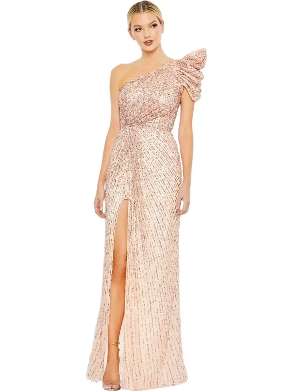 Mac Duggal Sequin One-shoulder Gown With Slit - Pink