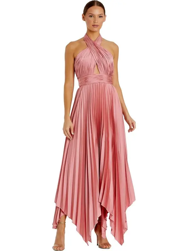 Mac Duggal Pleated Halter Neck Gown - Rose Pink