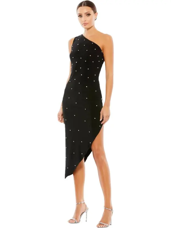 Mac Duggal Rhinestone One-shoulder Asymmetrical Midi Dress - Black