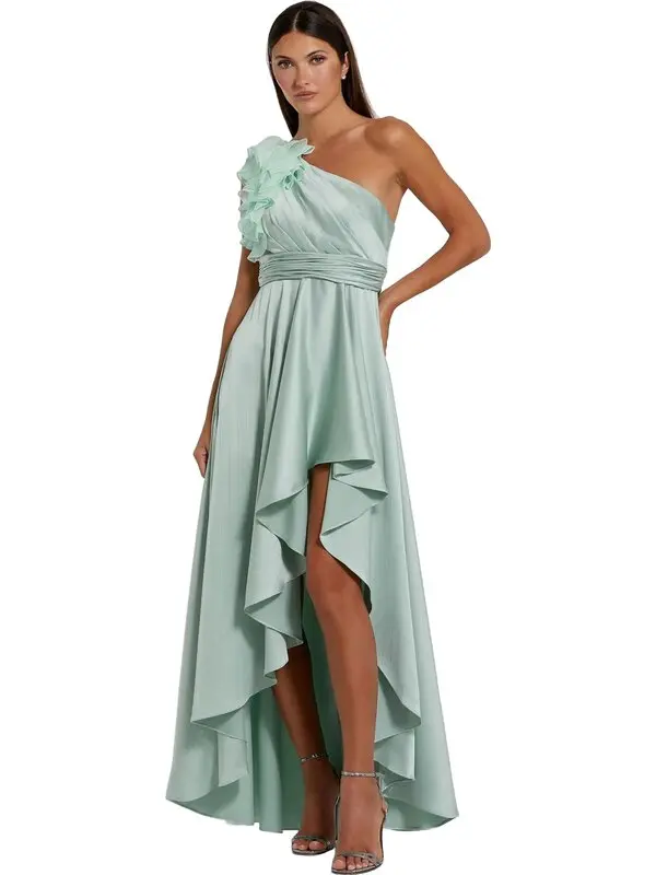 Mac Duggal Ruffled One-shoulder Hi-low Gown With Cut Out - Green